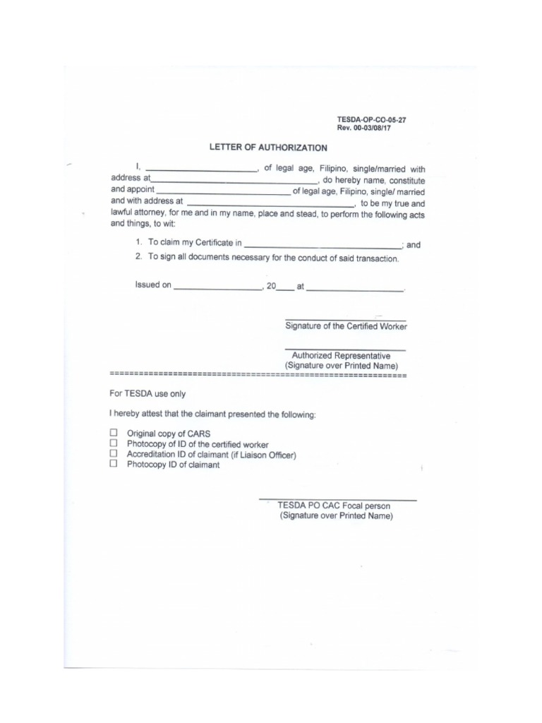 Authorization Letter To Claim nc2 | PDF