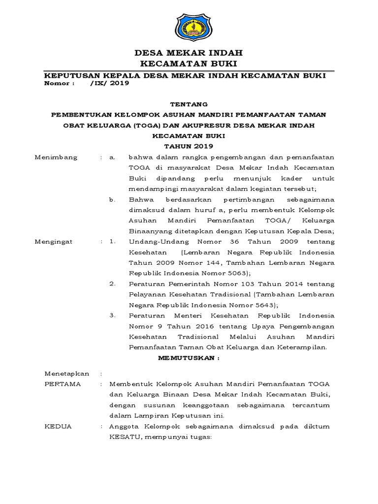 Pembentukan Kelompok TOGA Desa Buki | PDF