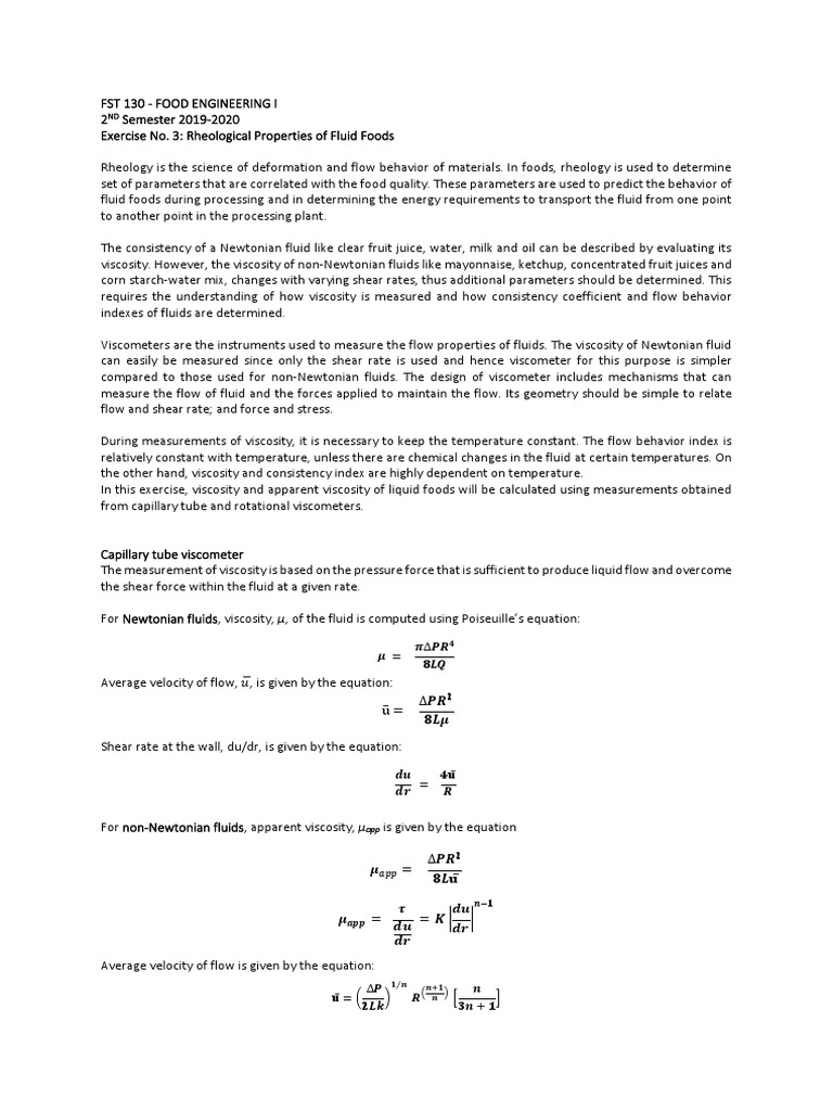 Exercise 3 Rheological Properties of Fluid Foods | PDF | Rheology ...