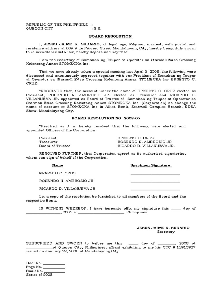 Board Resolution | PDF | Philippines | Government