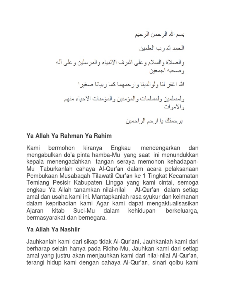 Doa Pembuka MTQ Ke 1 Temiang Pesisir 2020 | PDF
