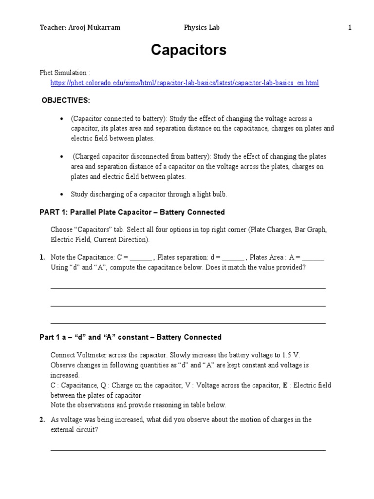 Capacitor Lab For Phet | PDF | Capacitor | Voltage