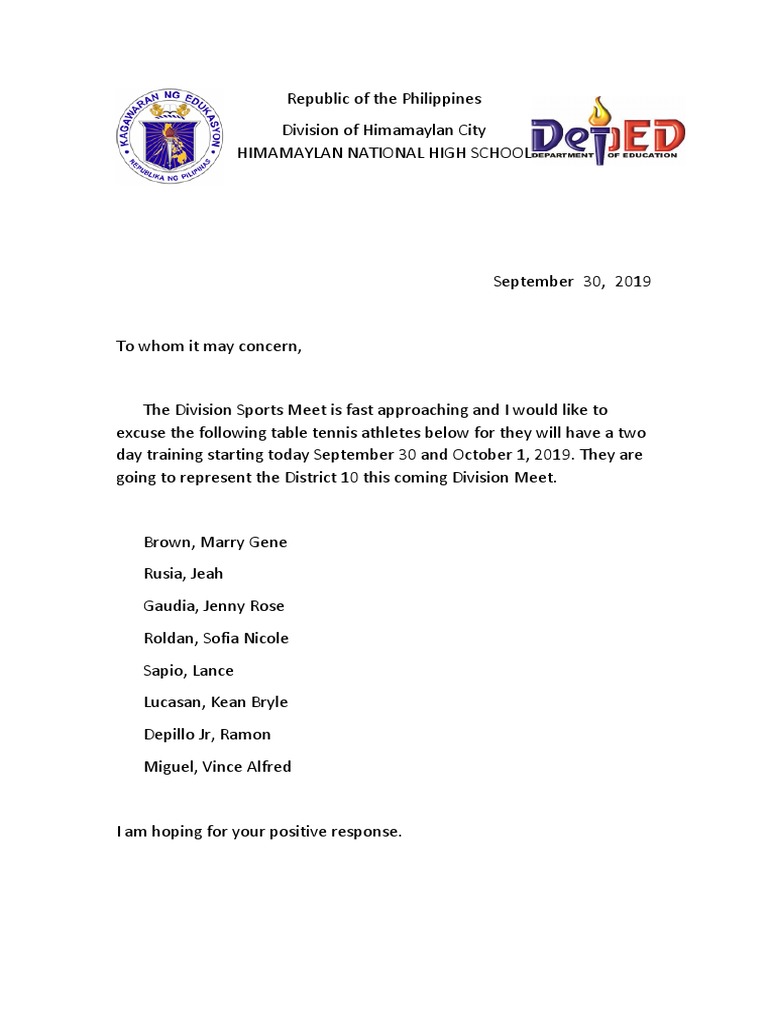 Excuse Letter for Table Tennis Training | PDF