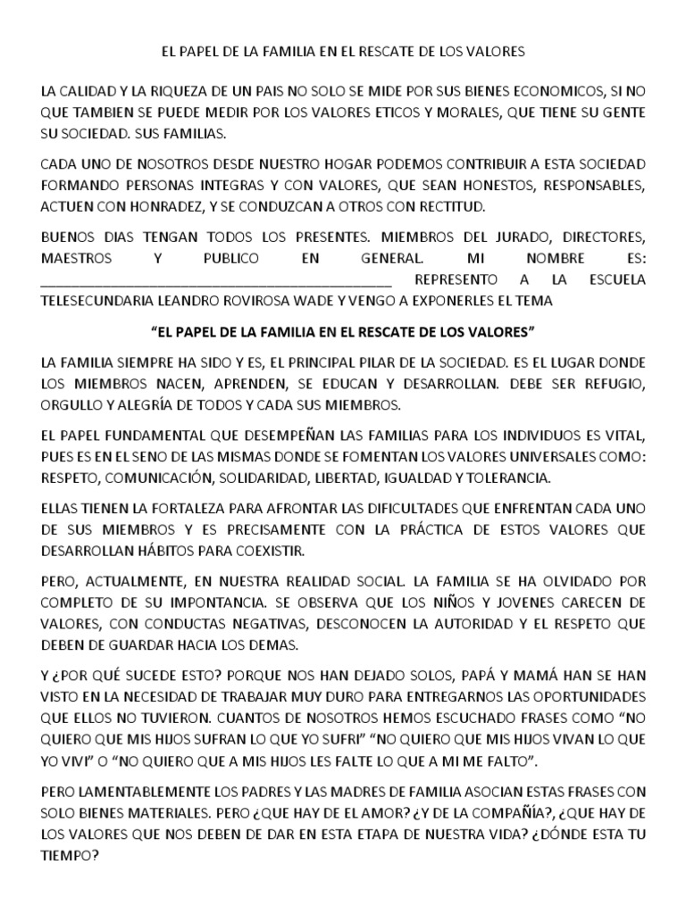 Discurso de Oratoria EL PAPEL DE LA FAMILIA EN EL RESCATE DE LOS VALORES | PDF | Tolerancia | Amor