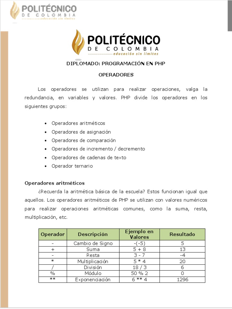 Operadores fundamentales en PHP | PDF | Multiplicación | Sustracción