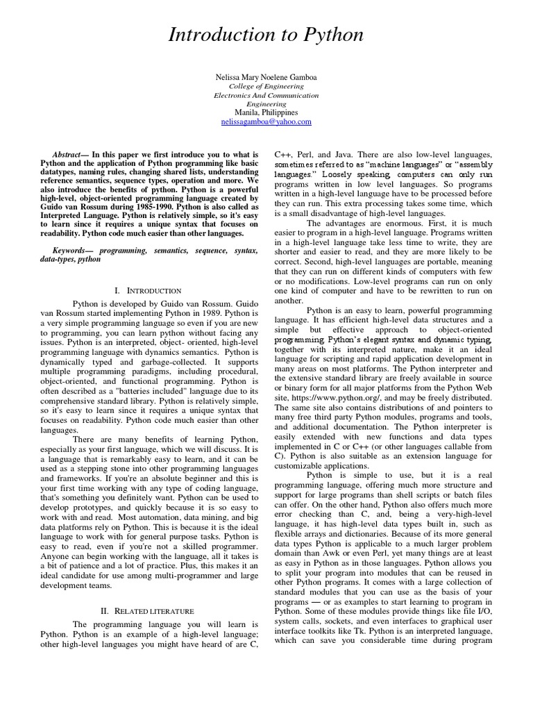 Introduction to the Benefits and Applications of the Python Programming ...