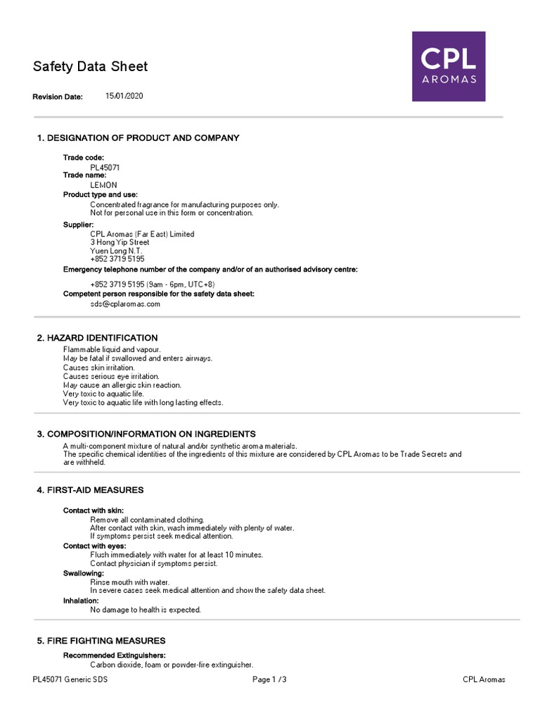 PL45071 Generic SDS English | PDF | Odor | Water