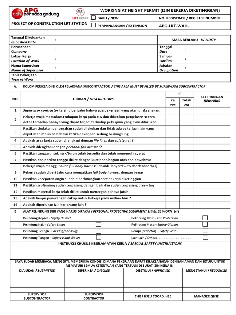 Form PTW - WORKING AT HEIGHT PERMIT (Revisi Jan 2019) | PDF