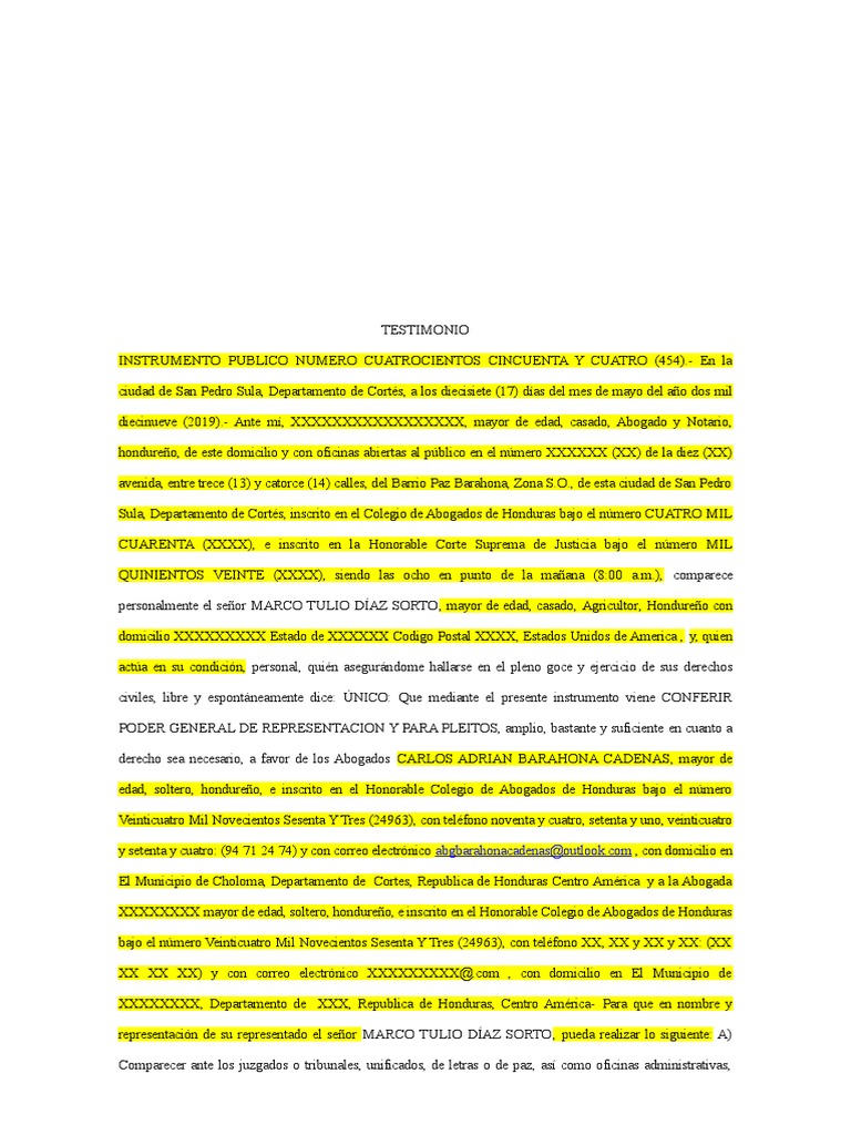 Poder General para pleitos y Representacion | Honduras | Gobierno