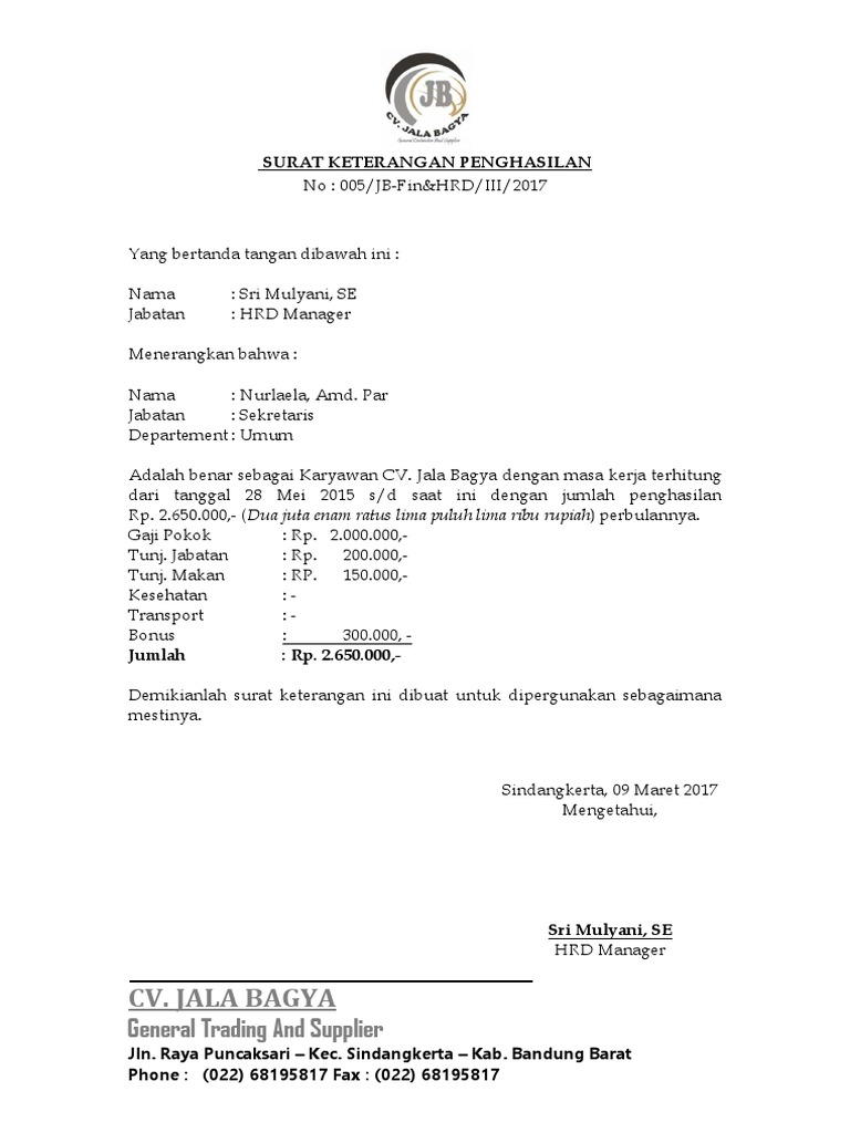 Surat Keterangan Penghasilan CV - JB | PDF | Bisnis
