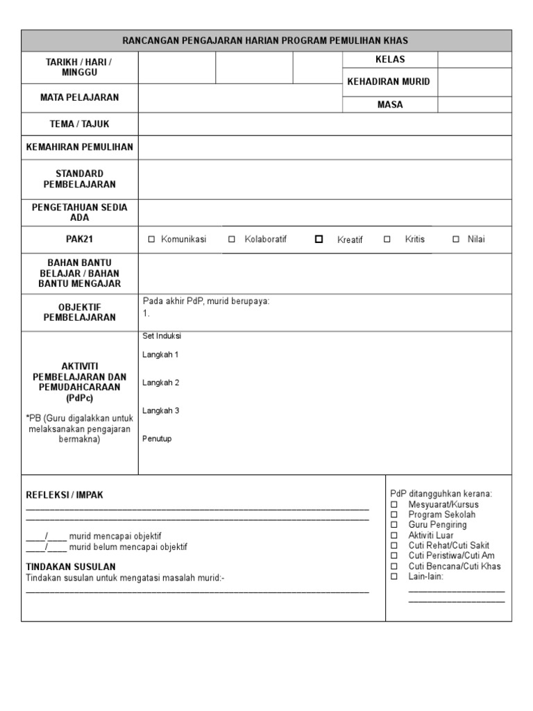 Template Kosong RPH Pemulihan | PDF