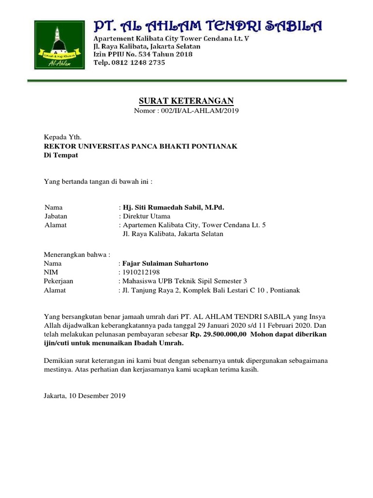 Surat Cuti Umrah Mahasiswa UPB | PDF | Pengelolaan Keuangan & Uang