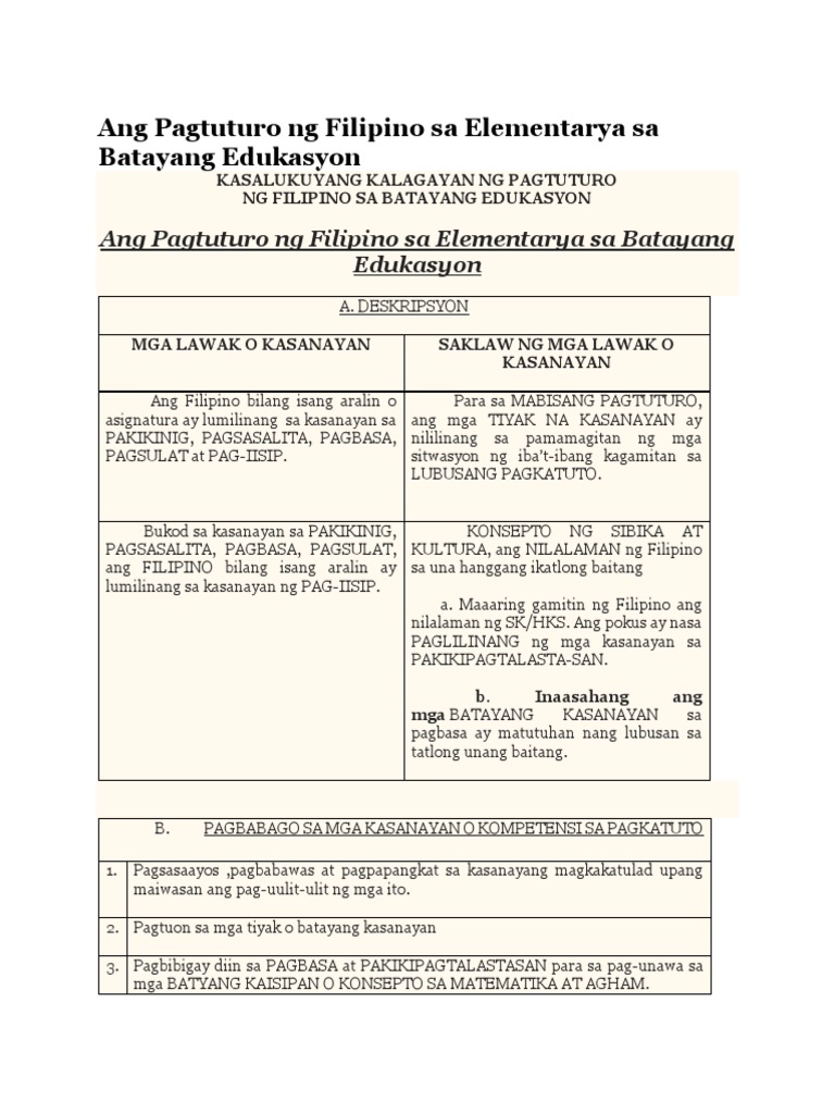 Ang Pagtuturo NG Filipino Sa Elementarya Sa Batayang Edukasyon | PDF