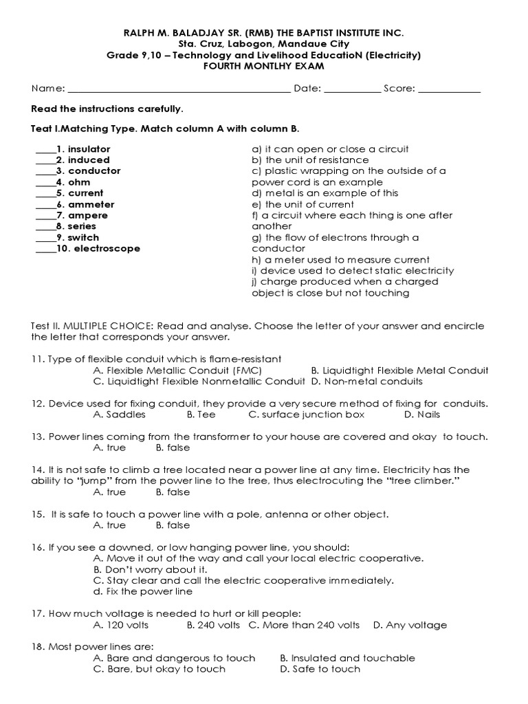 Tle Grade 9 - 10 Fourth Monthly Exam | PDF | Insulator (Electricity ...