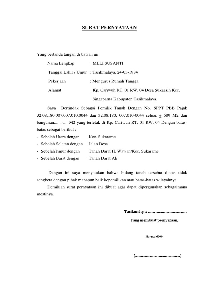 Surat Pernyataan Status Tanah Tidak Sengketa | PDF | Hukum