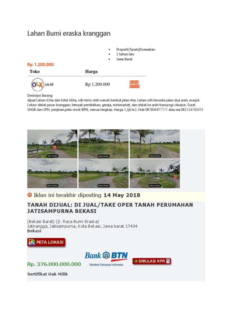 Lahan Bumi Eraska Kranggan | PDF