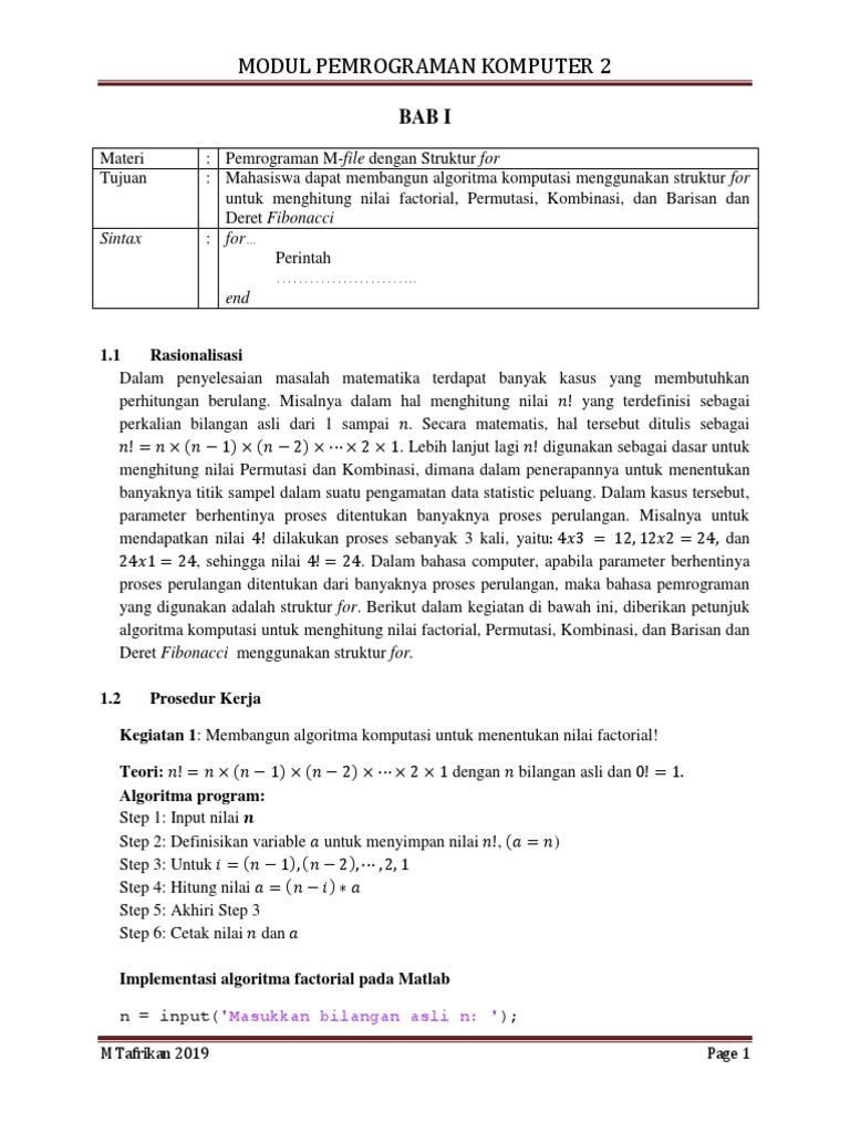 Algoritma Komputasi Dasar Menggunakan Struktur Perulangan For di MATLAB ...