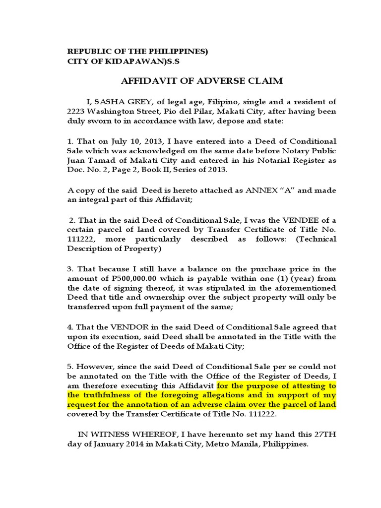 Affidavit of Adverse Claim | PDF | Affidavit | Deed