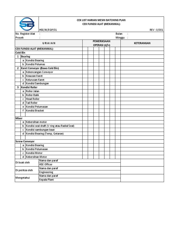 Checklist Harian Mesin Batching Plan | PDF