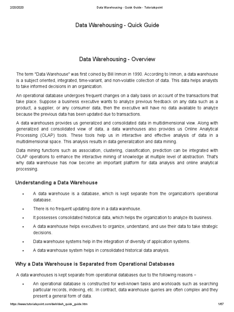 Data Warehousing - Quick Guide - Tutorialspoint | PDF | Data Warehouse | Metadata