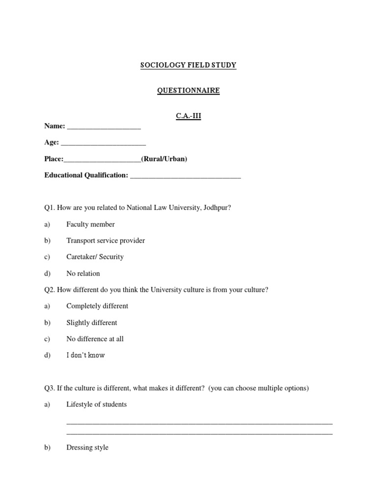 Sociology Field Study Questionnaire | PDF