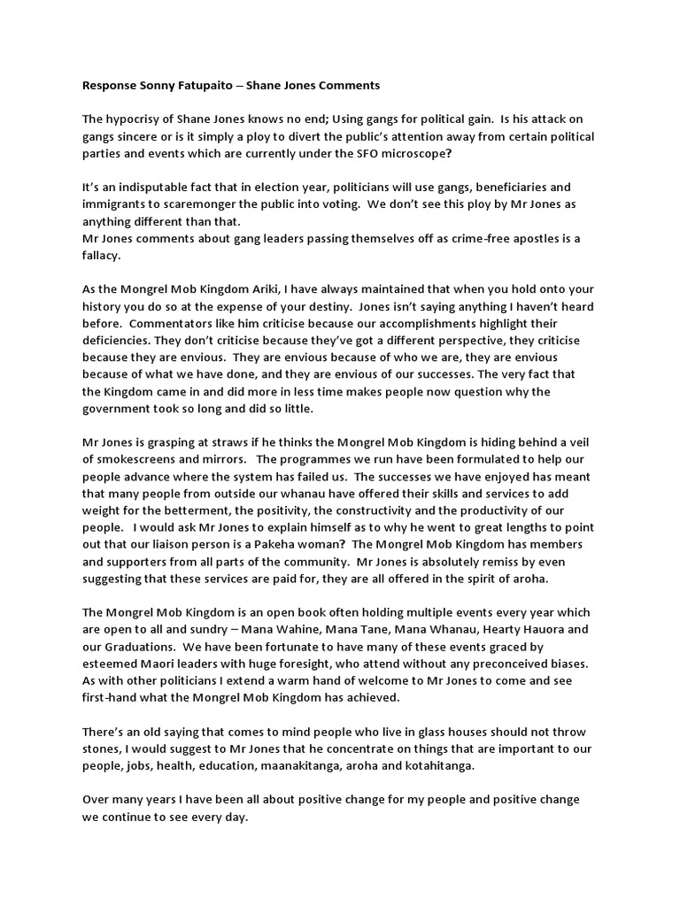Sonny Fatupaito - Waikato Mongrel Mob Kingdom Response To Shane Jones | PDF