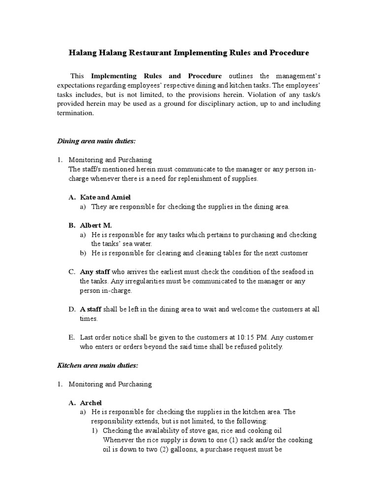 Restaurant Implementing Rules and Procedure | PDF | Restaurants | Kitchen