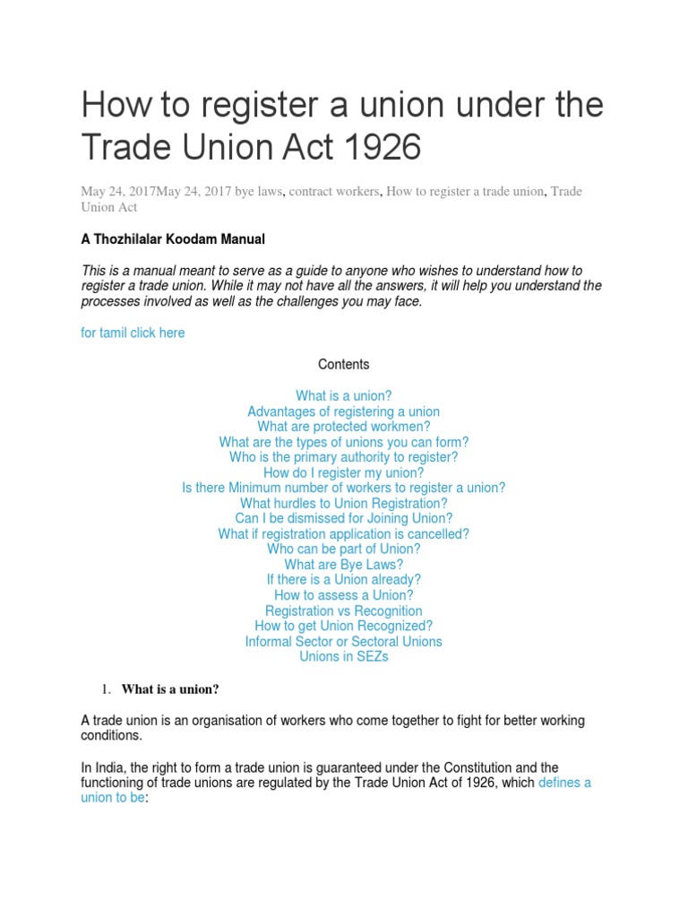 How To Register A Union Under The Trade Union Act 1926 | PDF | Trade ...