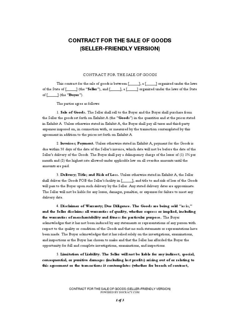 Contract For The Sale of Goods Seller Friendly Version | PDF | Sales ...