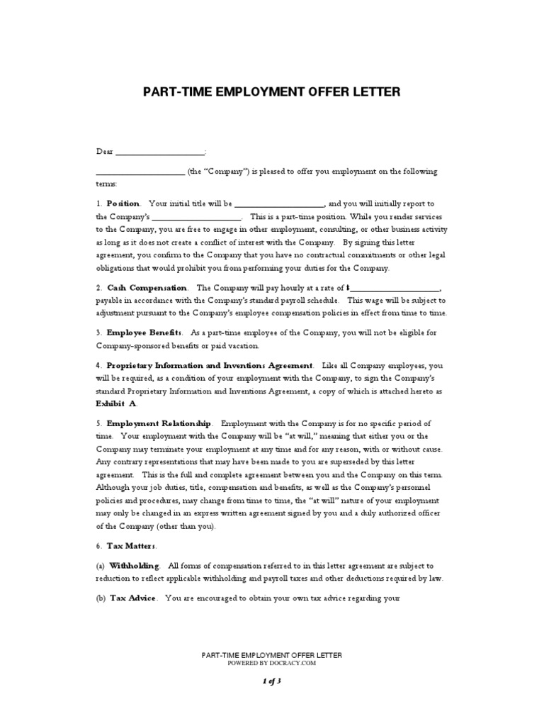 Part Time Employment Offer Letter | PDF | Withholding Tax | Employment