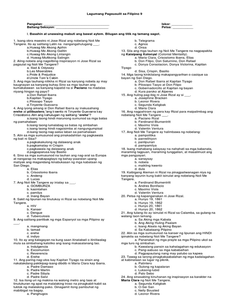 Pagsusulit Sa Filipino 9 | PDF