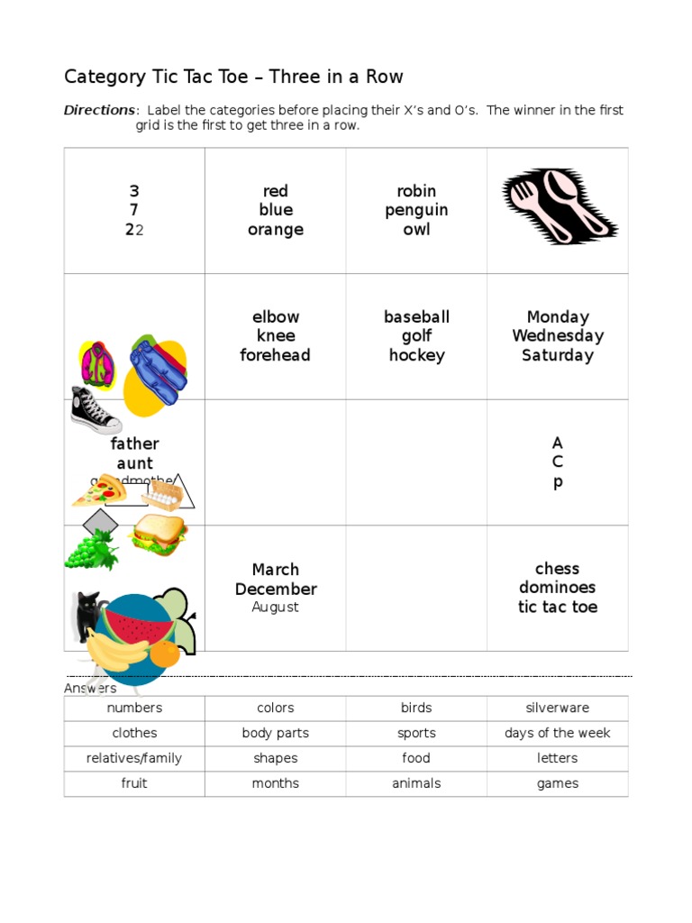 Tic Tac Toe 3 in A Row Categories Basic 1 | PDF