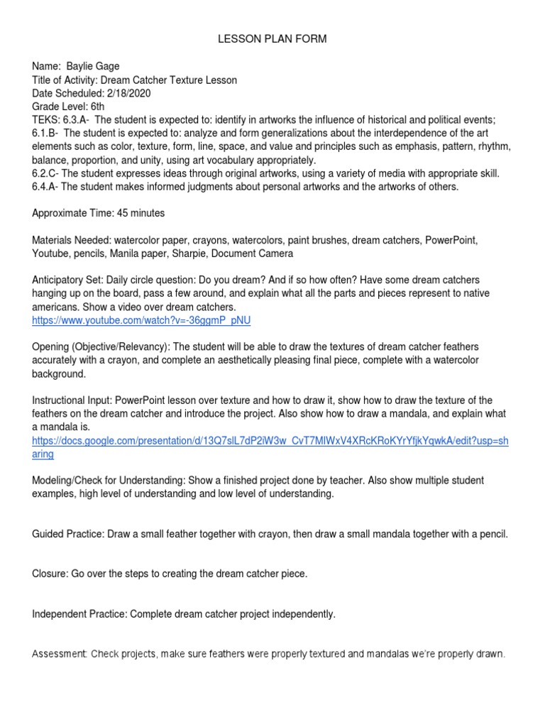 Dream Catcher Lesson Plan | PDF
