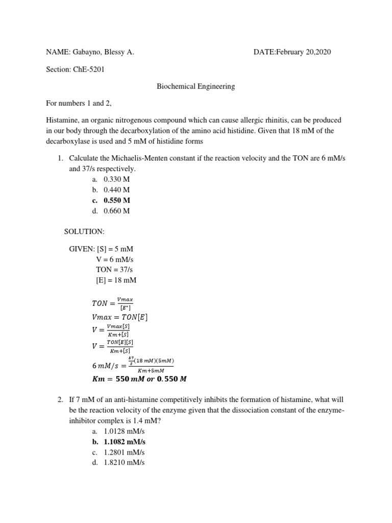 Enzyme Kinetics Problems Pdf Enzyme Chemical Kinetics