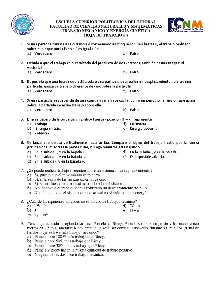 Hoja de Trabajo 8. Trabajo, Energía y Potencia. ESPOL | PDF