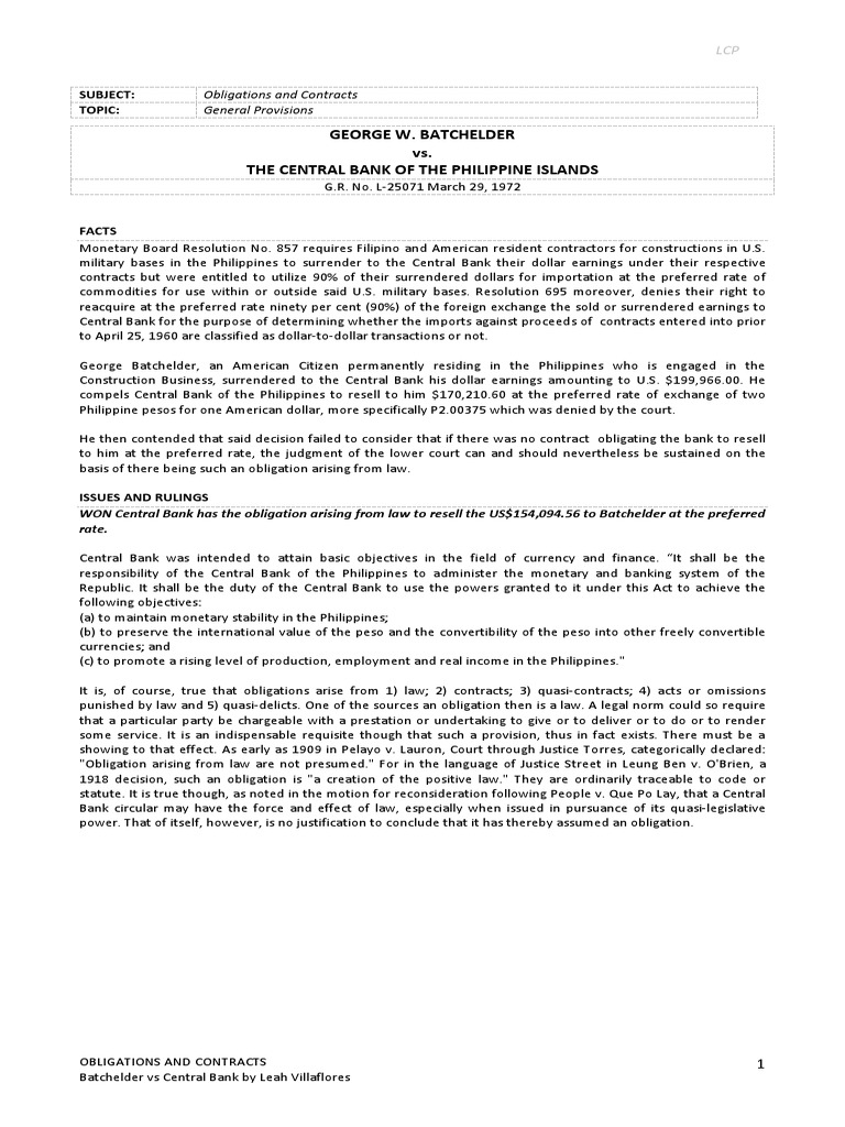 Batchelder Vs Central Bank - G.R. No. L-25071 (Case Digest) | PDF