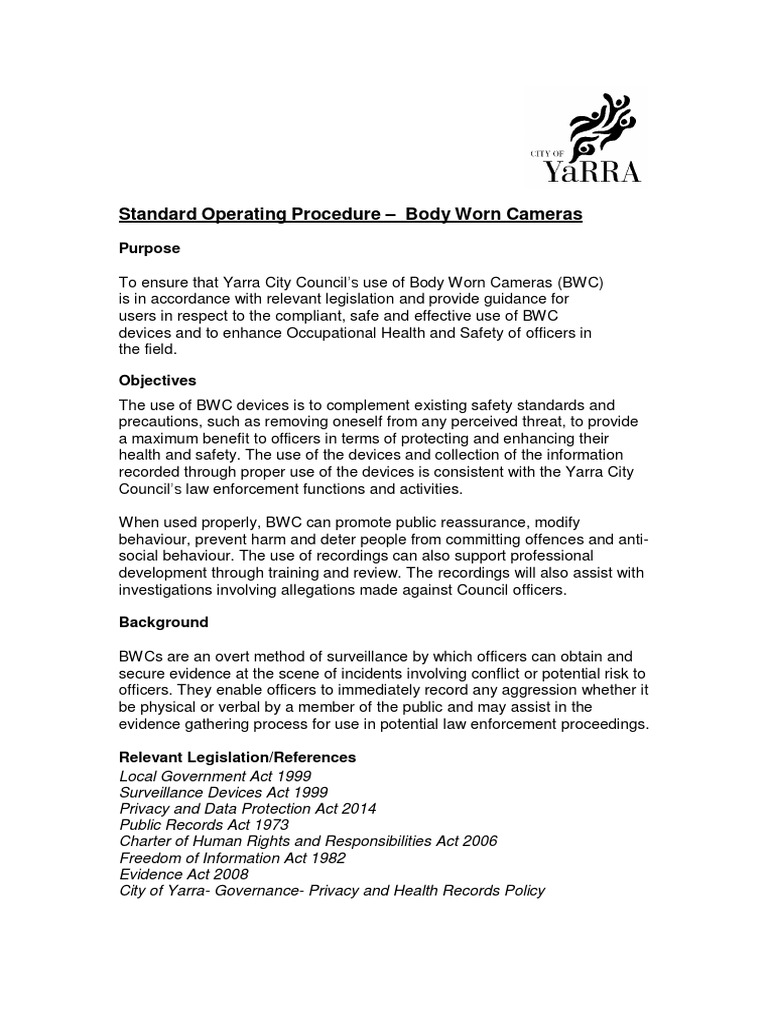 Standard Operating Procedure Body Worn Cameras | PDF