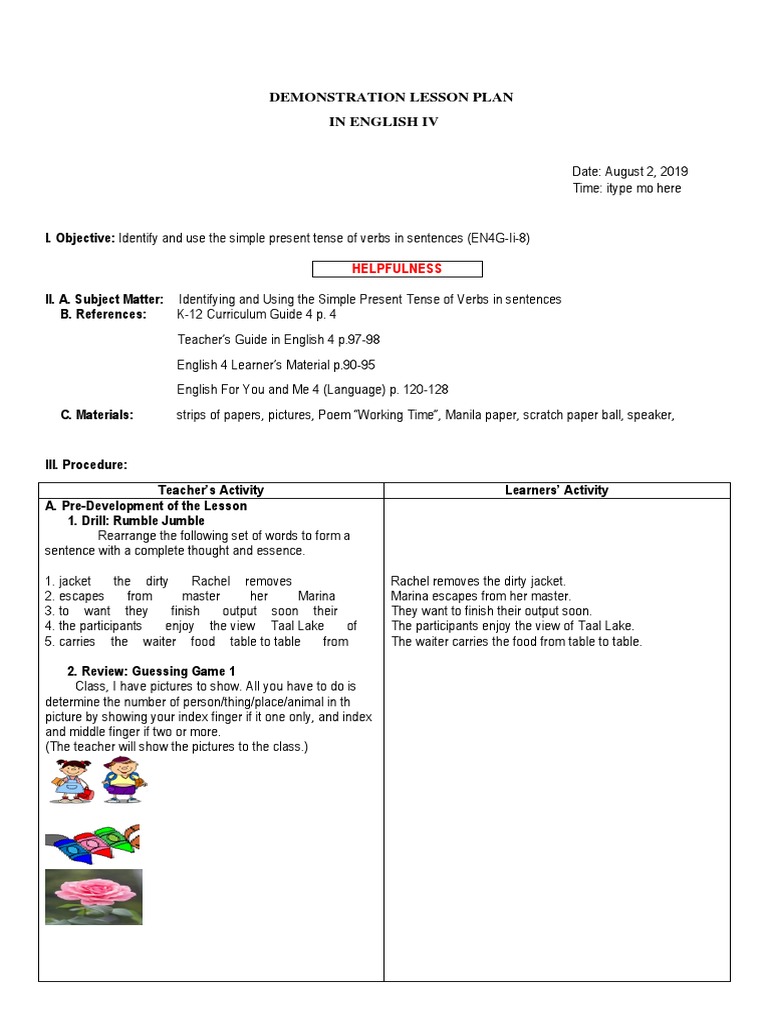 Demonstration Lesson Plan in English IV - Identifying and Using The ...