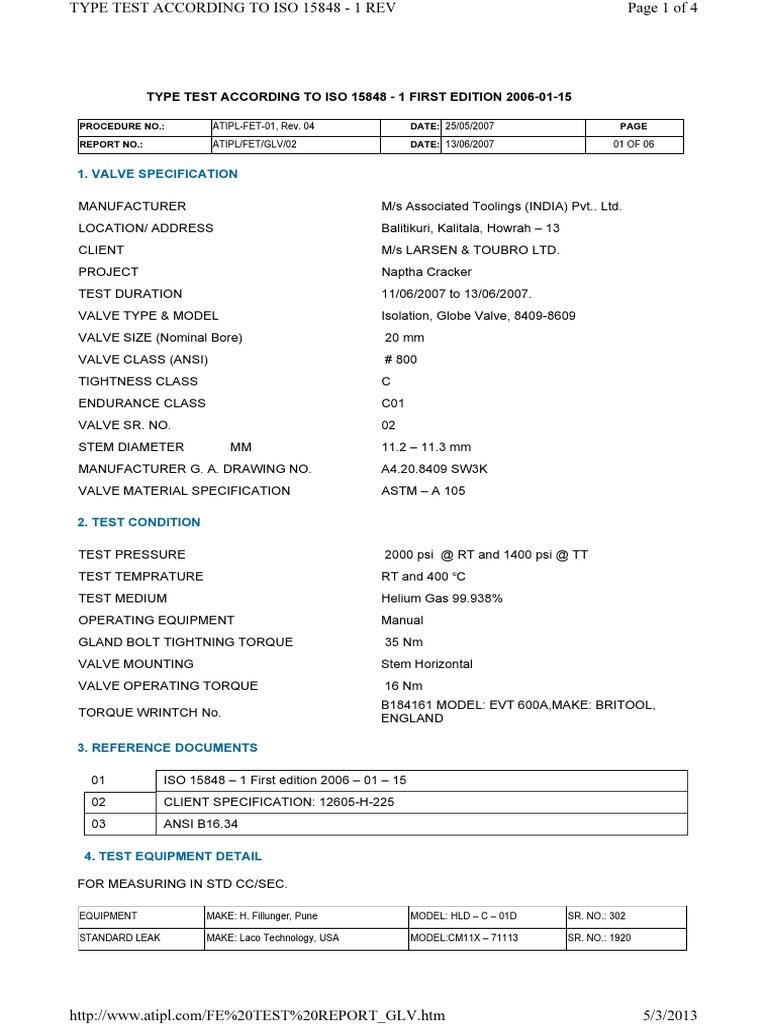 FET Test Report for ISO 15848-1 Valves | PDF