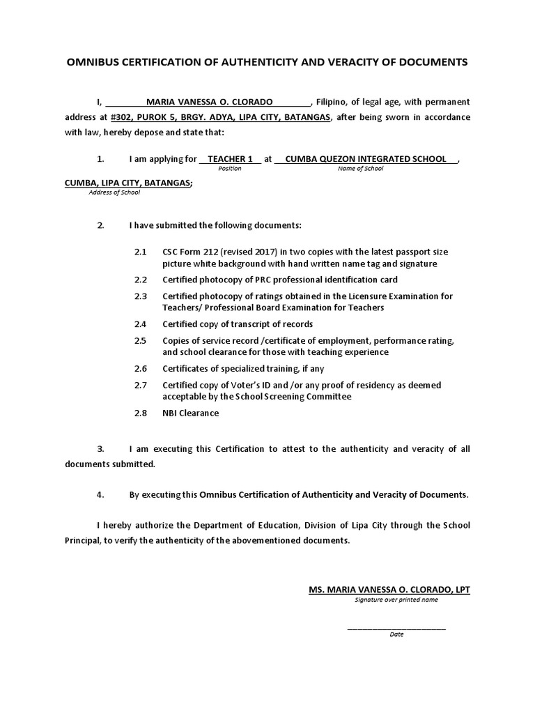 Omnibus Certification of Authenticity and Veracity of Documents | PDF