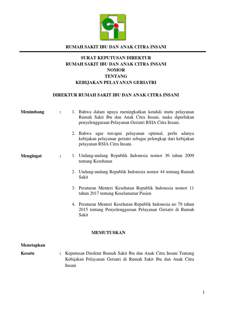 Kebijakan Pelayanan Geriatri Rsia Citra Insani 2018 | PDF