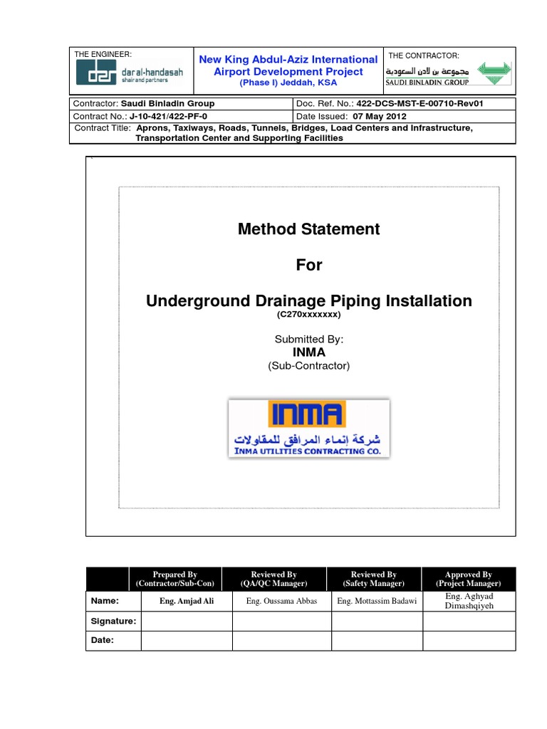 Underground Drainage Piping Method Statement PDF | PDF