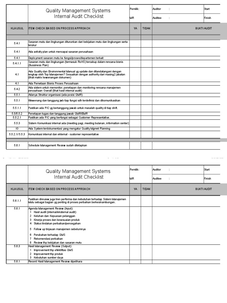 Check List Audit Internal Integrated ISO-IATF | PDF