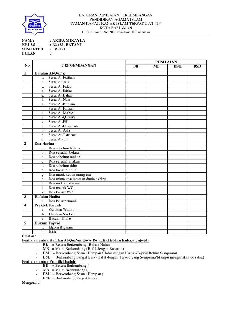 Rapor Tahfidz SDIT | PDF
