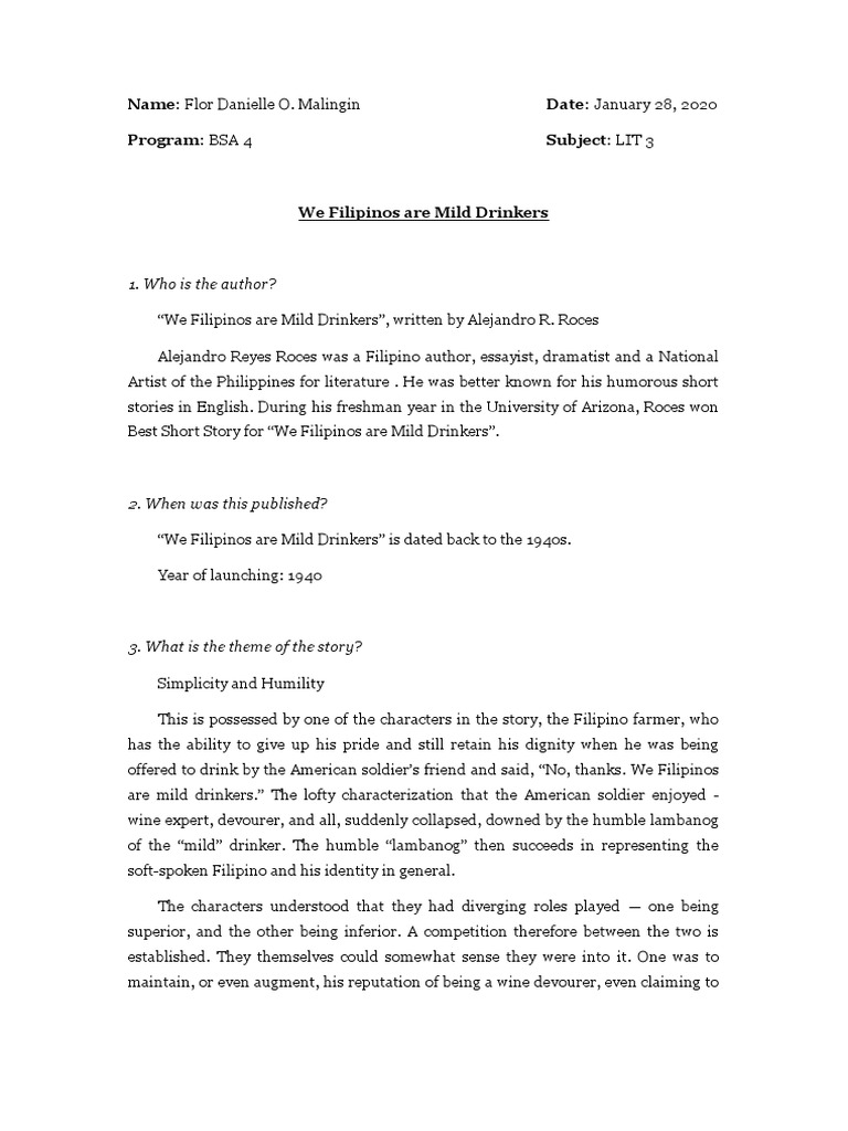 Filipino Identity in "Mild Drinkers" | PDF