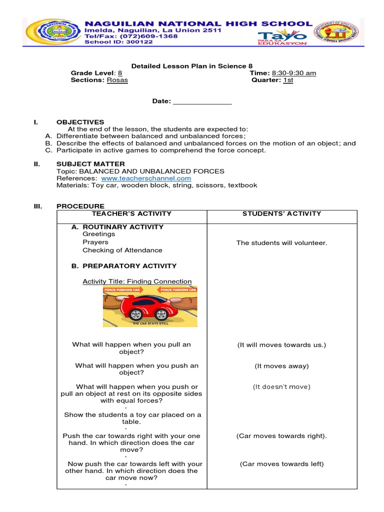Lesson Plan on Forces for Grade 8 | PDF