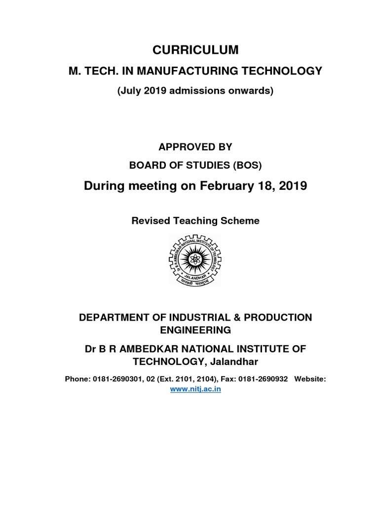 M.Tech Manufacturing Technology Curriculum | PDF