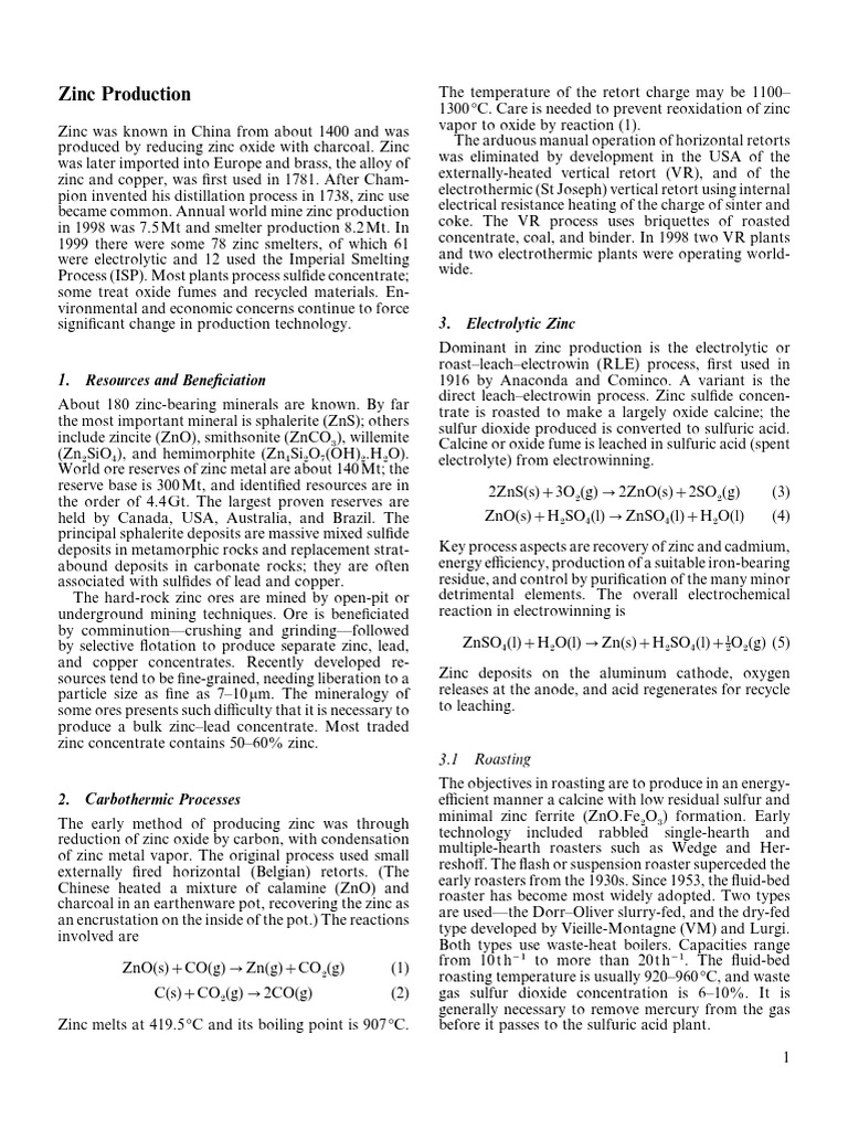 Zinc Production | PDF | Home & Garden | Science & Mathematics