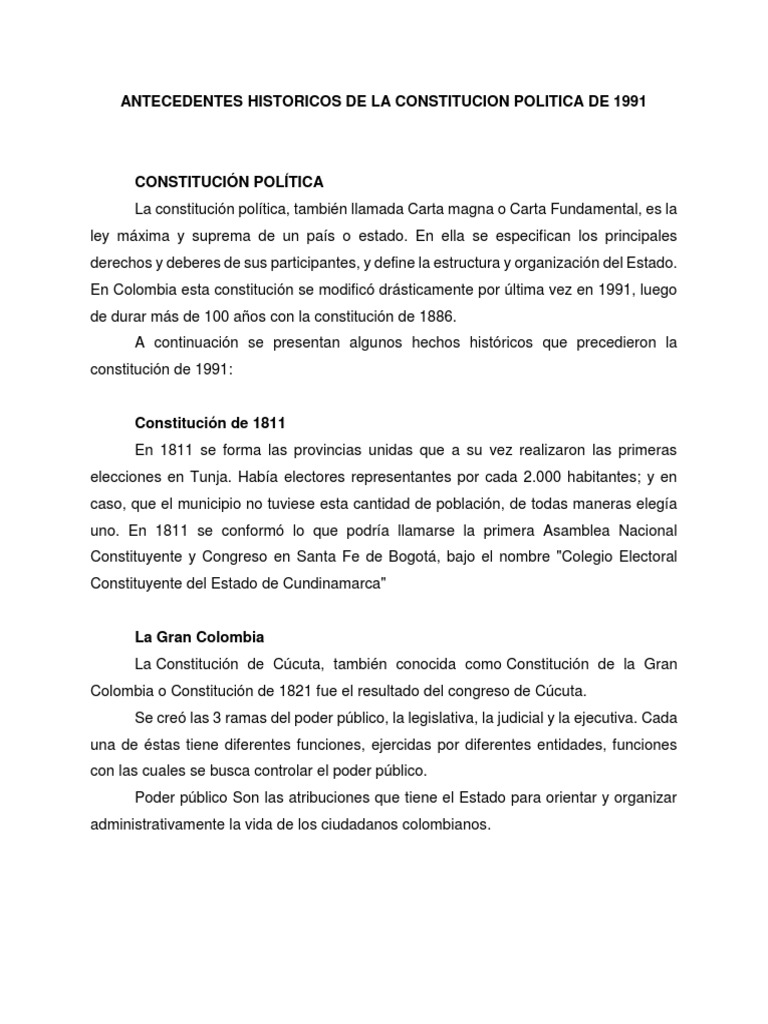 Historia De La Constitución De 1991 En Colombia Pdf Política Historia