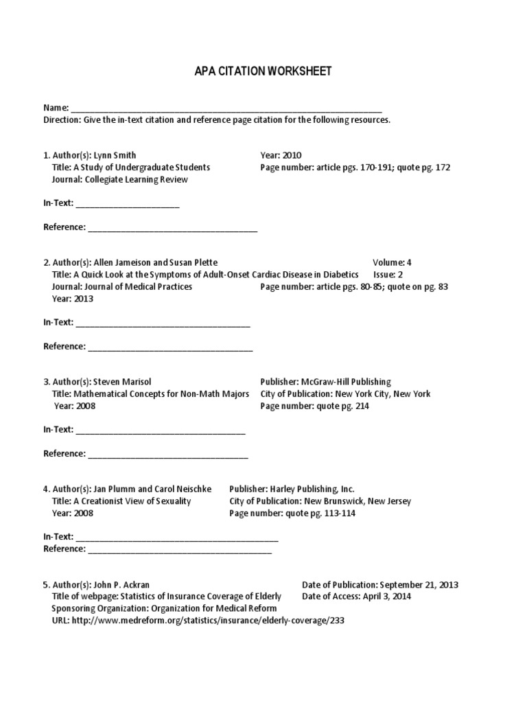 APA Citation Worksheets | PDF